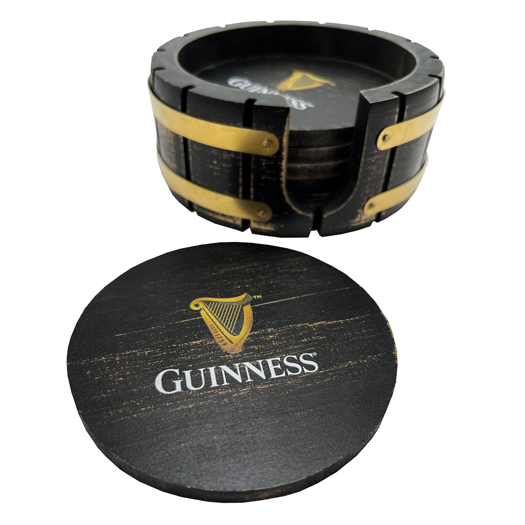 Guinness Beer Coaster Set with Holder - 6 Pack, Beer Barrel Wood, Perf